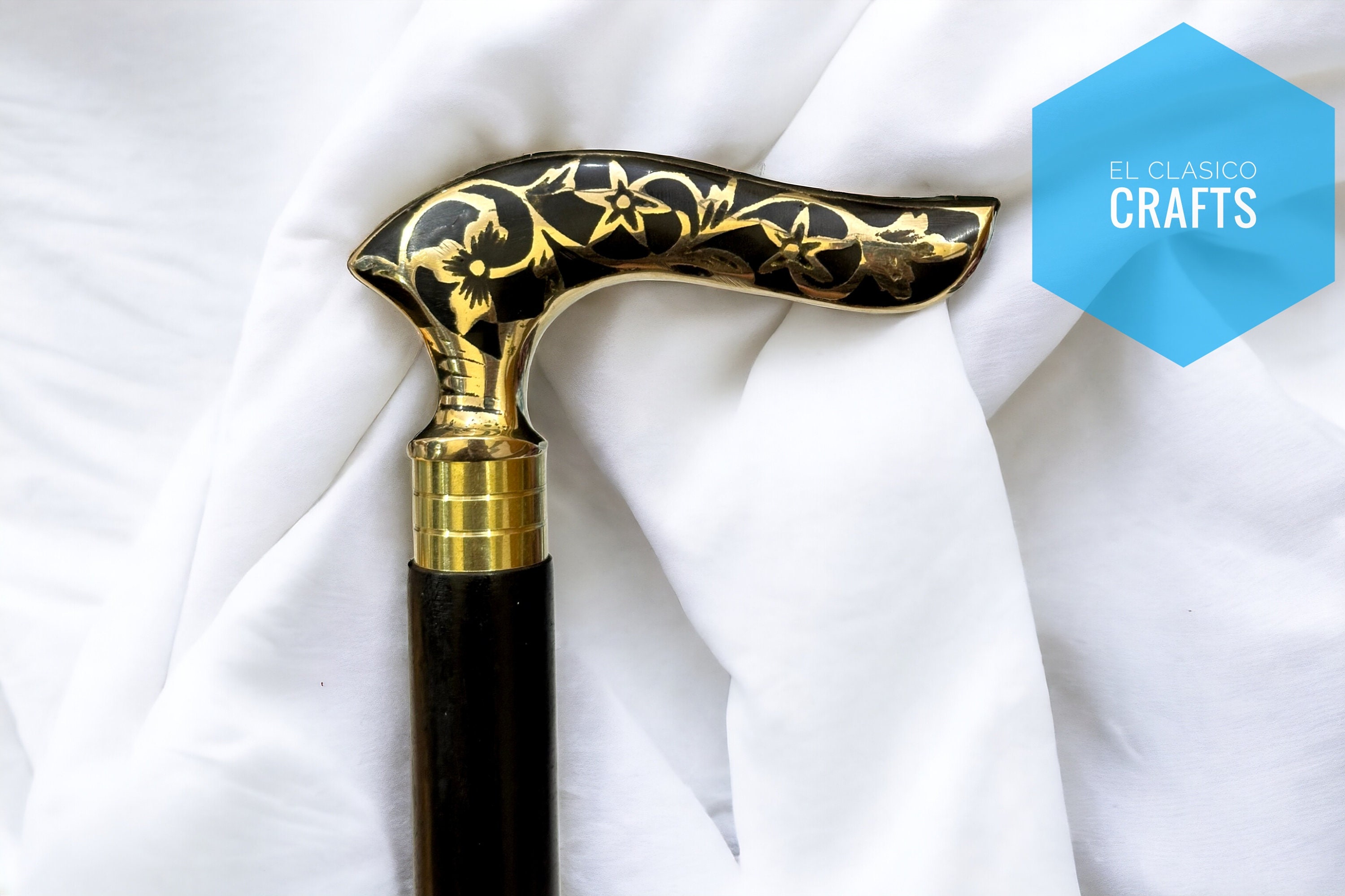 Brass Engraved Walking Stick Wooden Cane Handle With Black Cane With ...