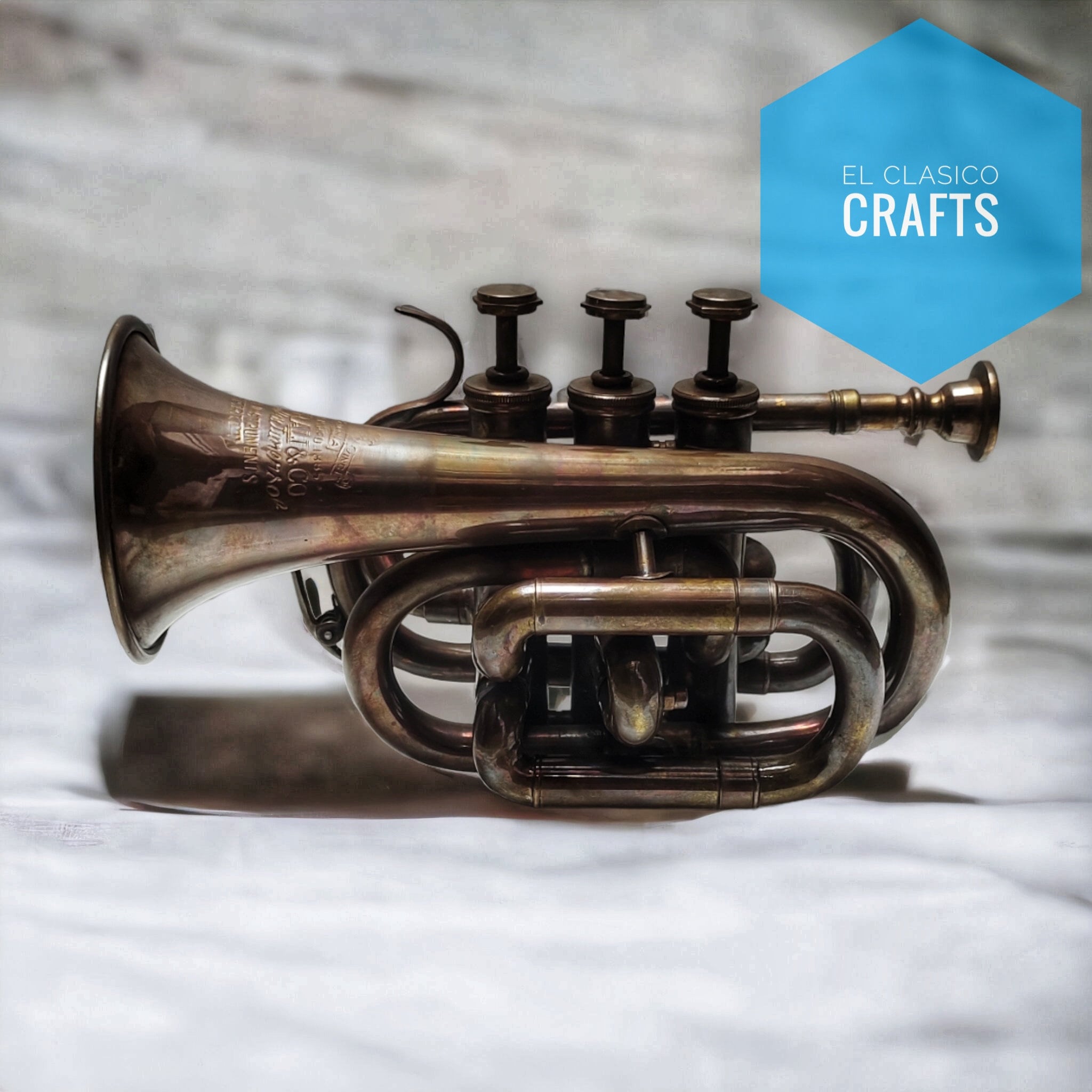 Vintage Bronze Antique Brass Trumpet Pocket Bugle Horn 3 Valve ...