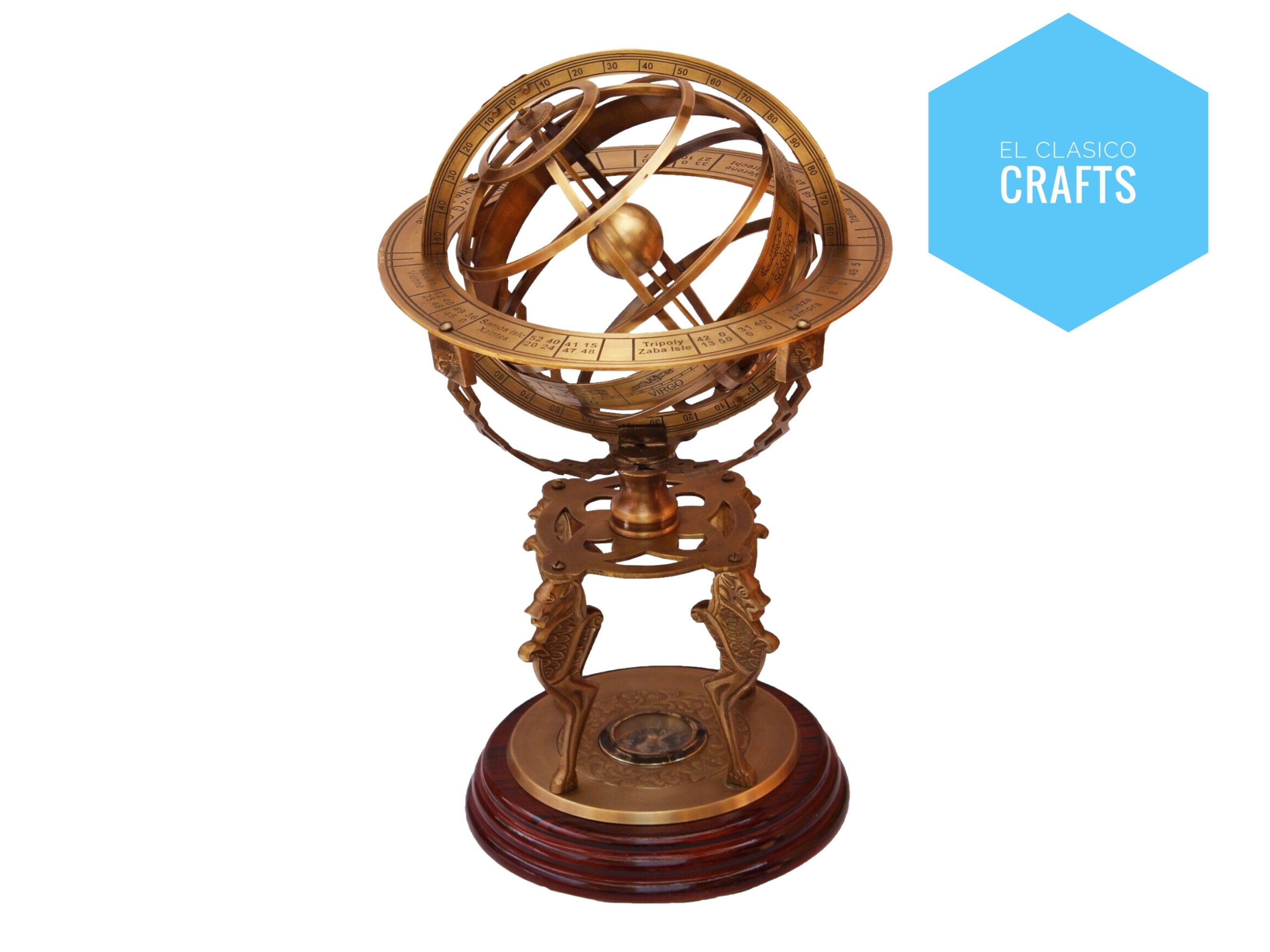 Wooden Base 18 Armillary Globe Sphere Engraved With Compass Brass Home ...