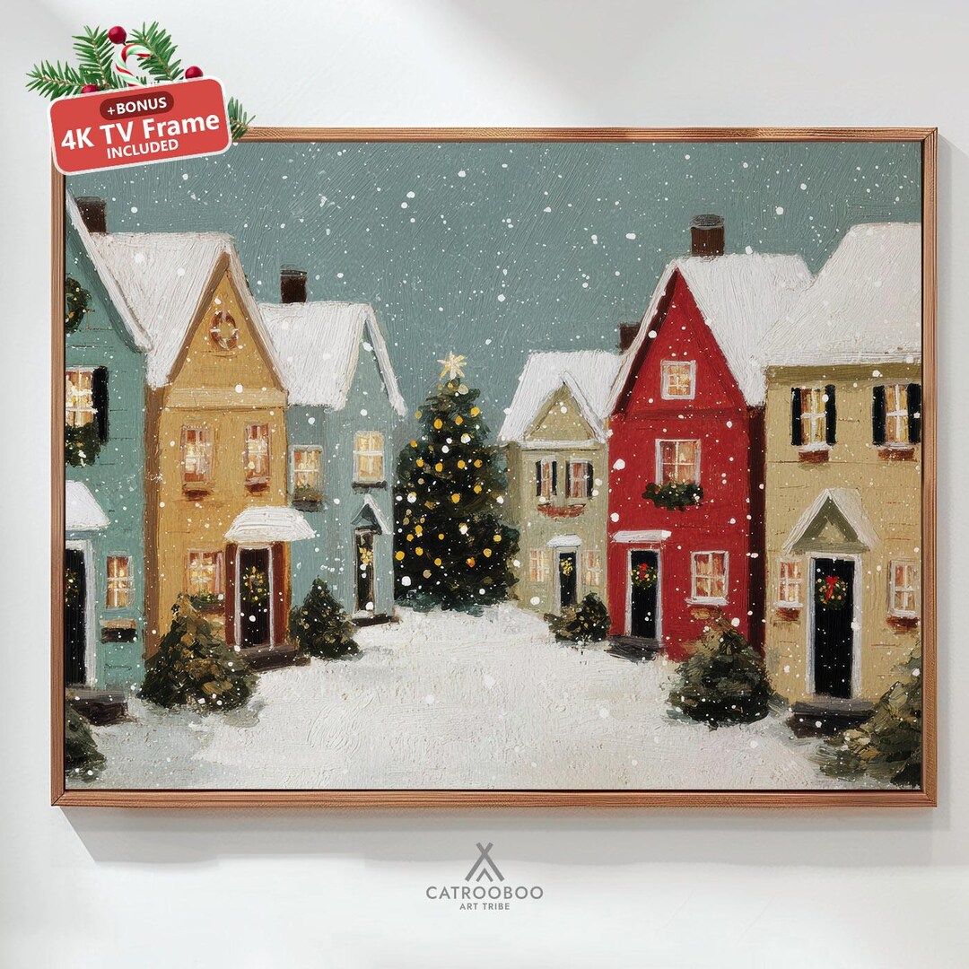 Christmas Village Painting, Colorful Winter Houses Wall Art, Snowy ...