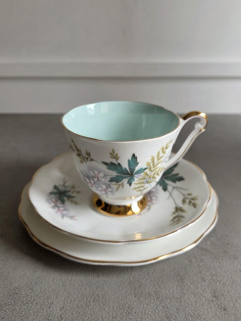Queen Anne Louise Trio Tea Set Cup Saucer Plate 1970s Floral Porcelain ...