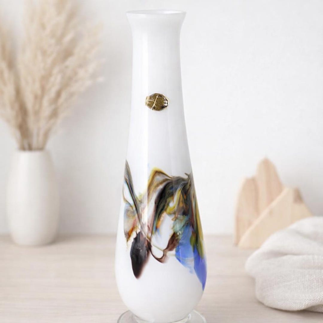 Large Dalian Art Glass Vase – Handcrafted White & Multicolor Design ...