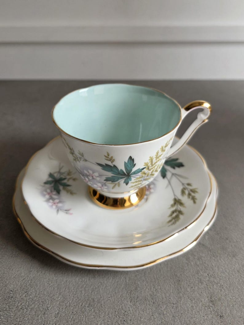 Queen Anne Louise Trio Tea Set Cup Saucer Plate 1970s Floral Porcelain ...