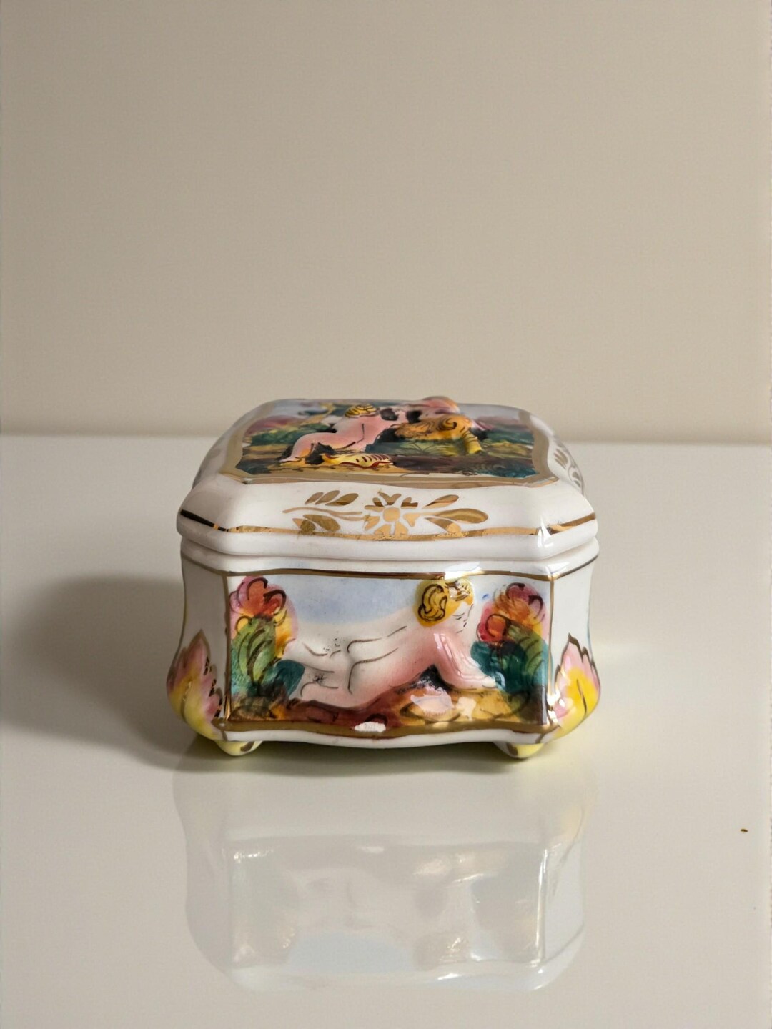 Vintage Capodimonte Porcelain Box Italy 1950s, Hand Painted Cherub ...