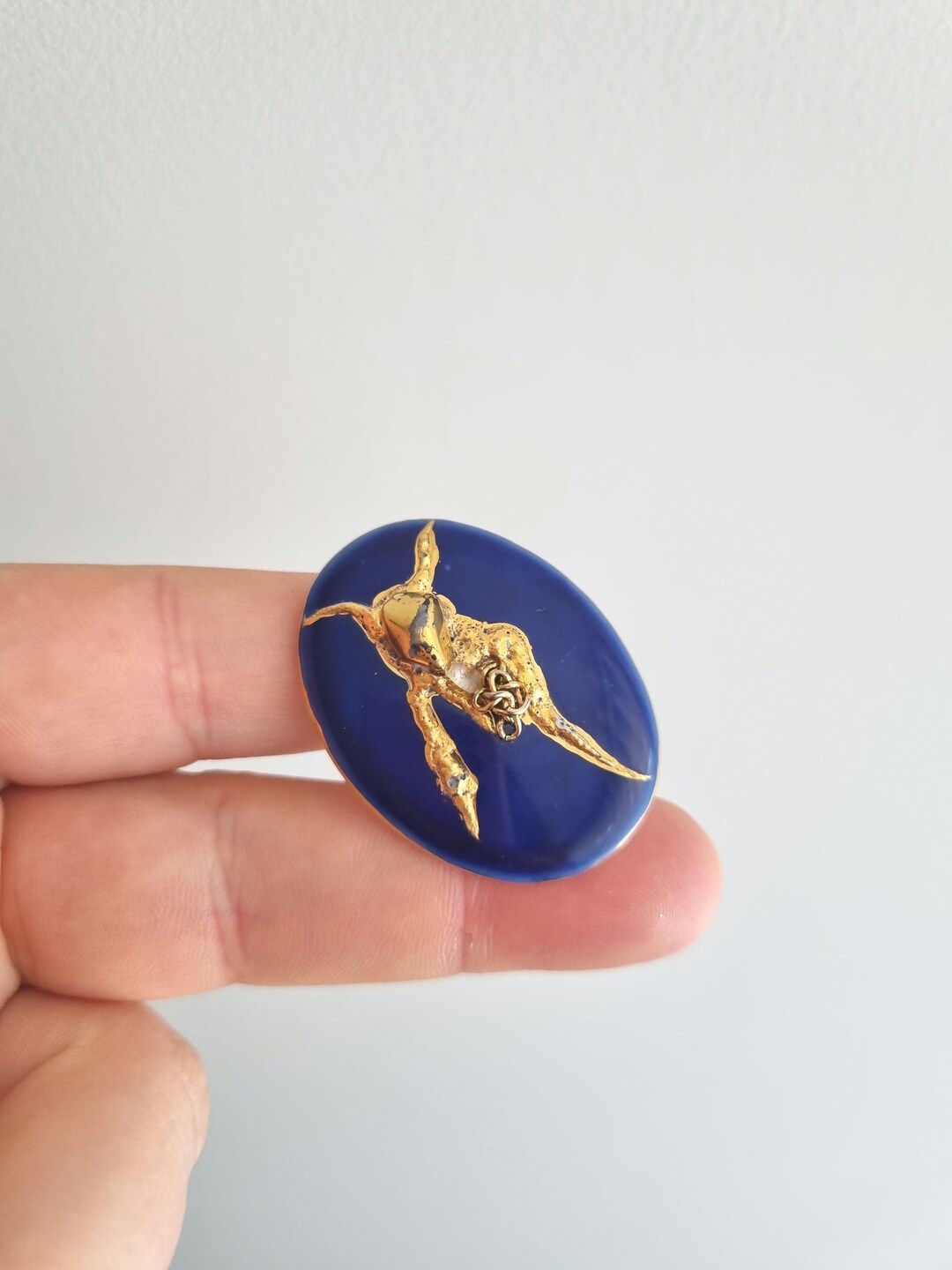 Vintage Swedish Porcelain Brooch – Blue & Gold, Handmade, 1980s, 40mm ...