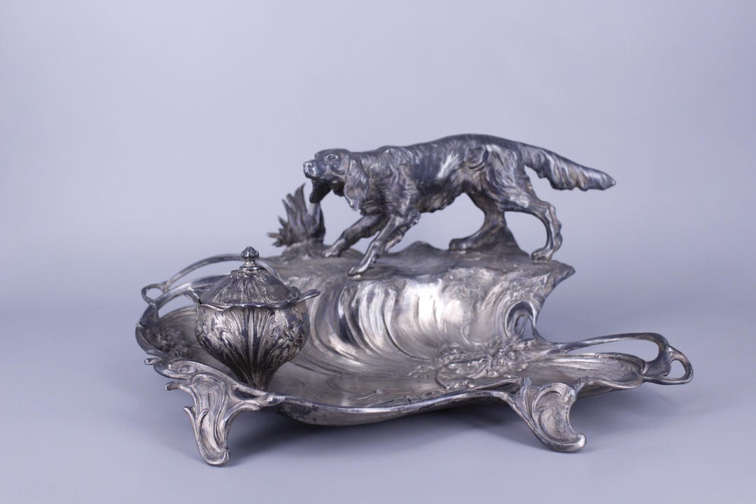 Exquisite Antique Tin Inkwell With Ornate Dog Design Collector's Piece ...