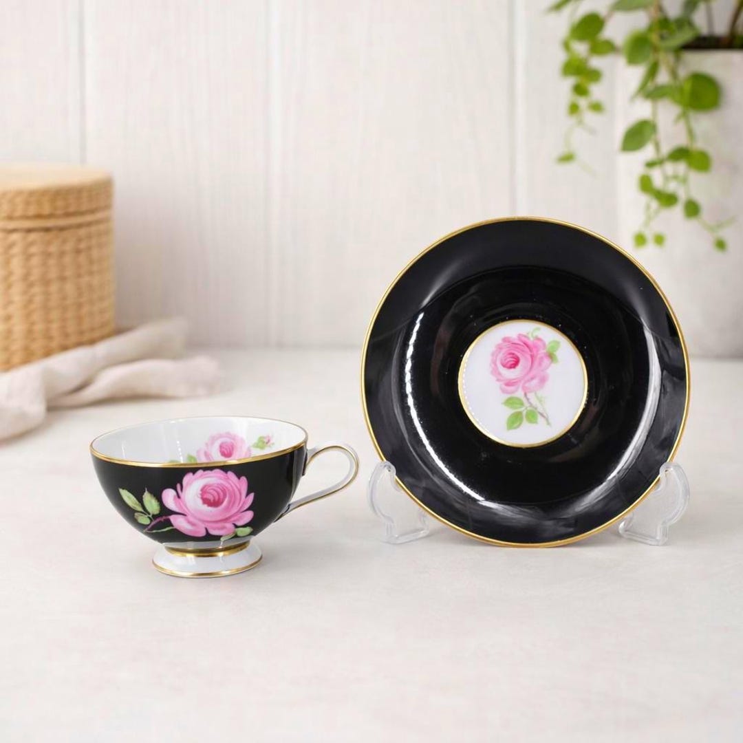 Thomas Germany Porcelain Cup & Saucer 1950s Black Rose Decor - Etsy