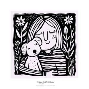 8 Happy Girl Clipart, Dogs and Cats Doodle, Vector Illustration, Bold ...