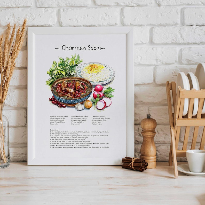 Ghormeh Sabzi Watercolor Art Print: Persian Food Recipe (digital ...