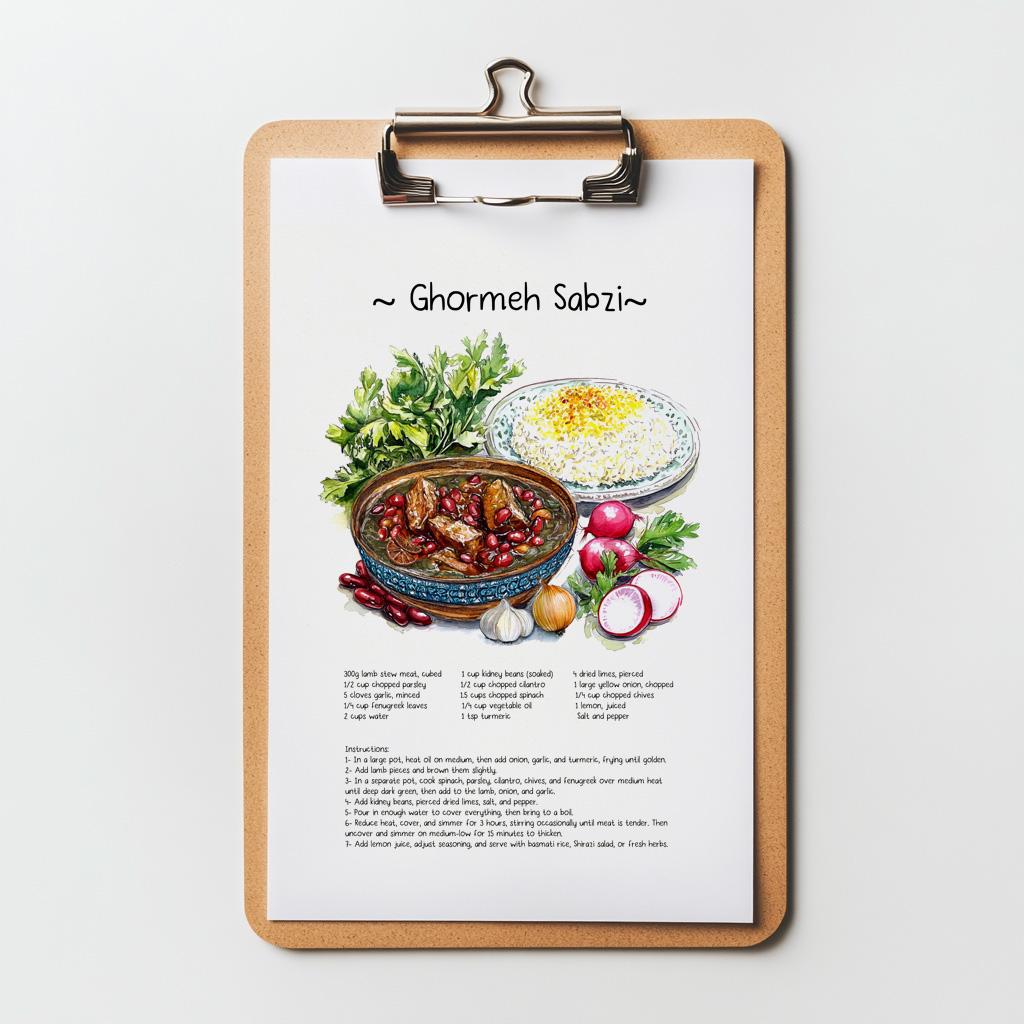 Ghormeh Sabzi Watercolor Art Print: Persian Food Recipe (digital ...