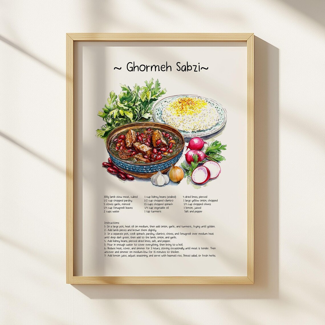 Ghormeh Sabzi Watercolor Art Print: Persian Food Recipe (digital ...