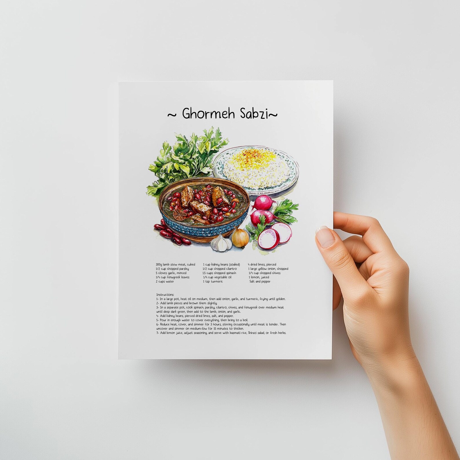 Ghormeh Sabzi Watercolor Art Print: Persian Food Recipe (digital ...