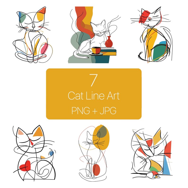 Colorful Cat Line Art Bundle | Hand-drawn PNG & JPG | High-res | Wall ...