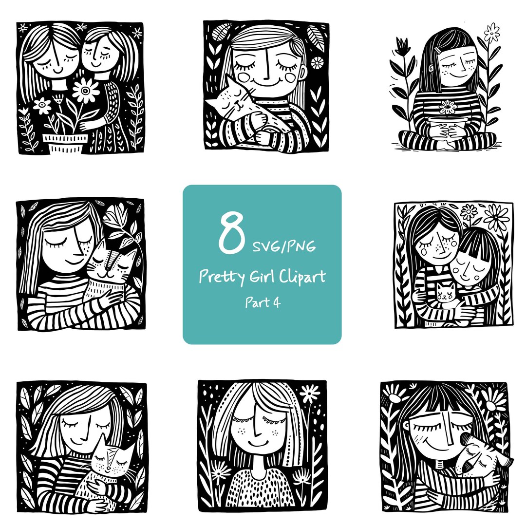 8 Pretty Girl Clipart, SVG Files, Girl Doodles, Black and White Vector ...