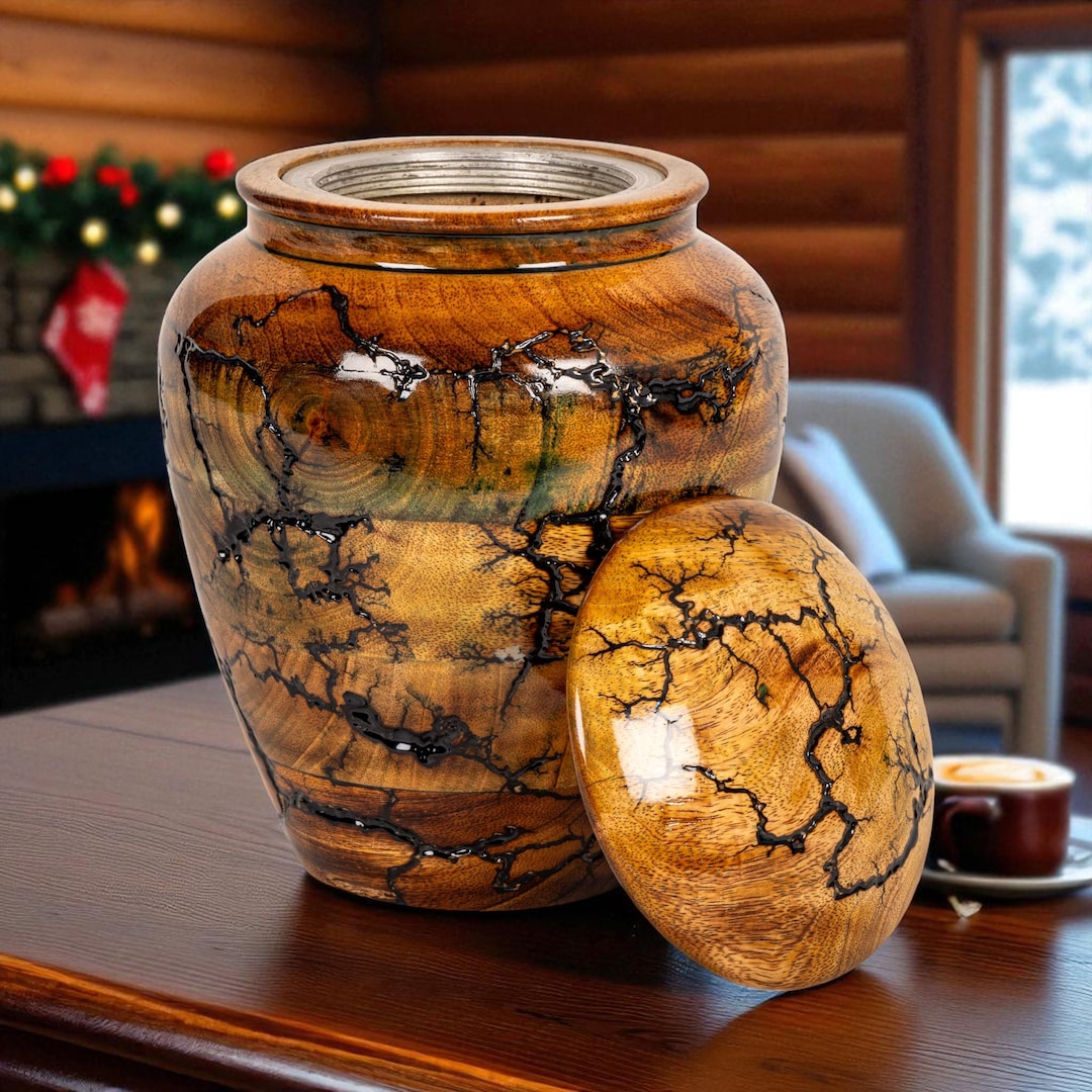 Handcrafted Mango Wood Urn – Fractal Burned Resin Inlay, Cremation ...