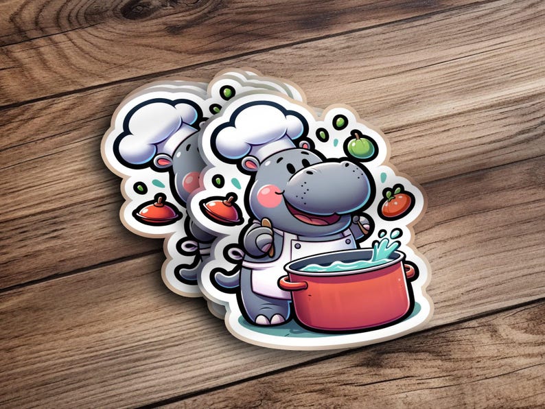 Cute Hippo Chef Cooking Sticker, Colorful Cartoon Hippo in Chef Hat ...
