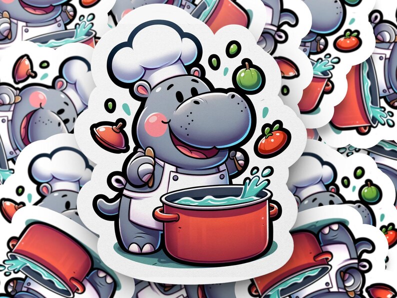 Cute Hippo Chef Cooking Sticker, Colorful Cartoon Hippo in Chef Hat ...