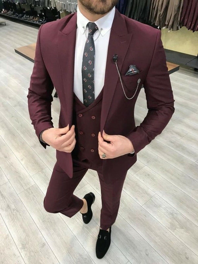 Burgundy Suit Men 3 Piece Suit Groom Wedding Party Wear Dinner Blazer ...