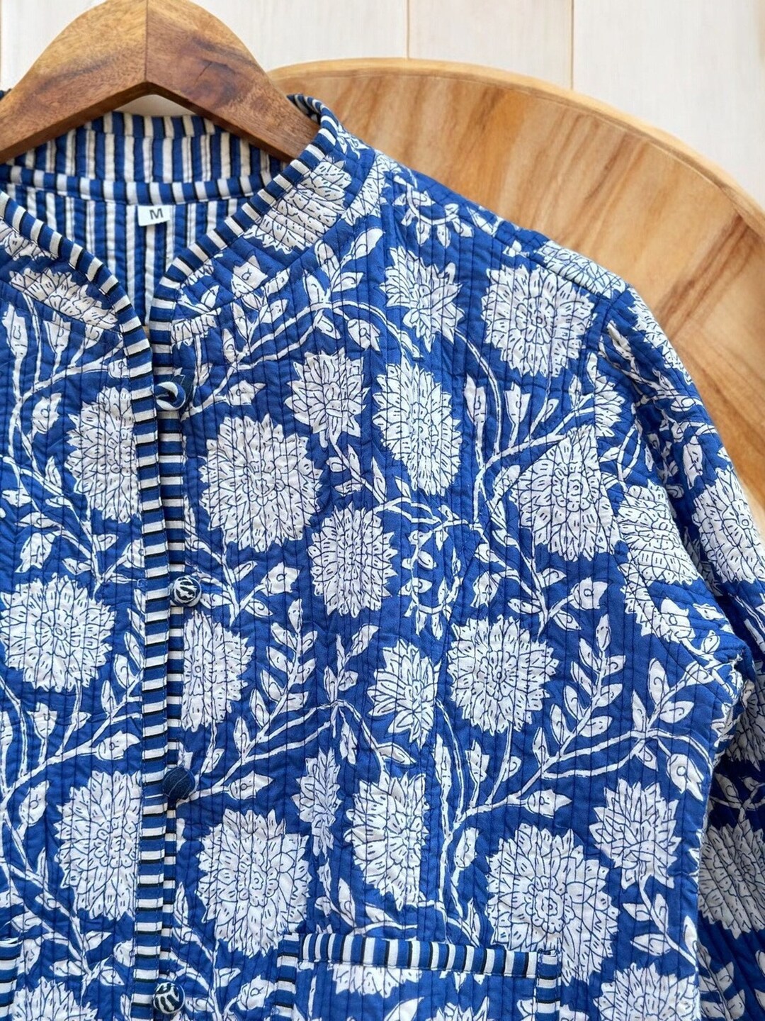 Blue Short Jacket for Women Cotton Quilted Handmade Jacket Hand Printed ...