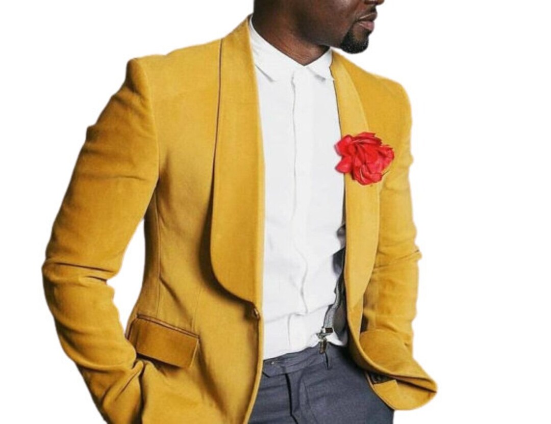 Men Tuxedo Jacket, Velvet Yellow Dinner Party Wear One Button Coat ...