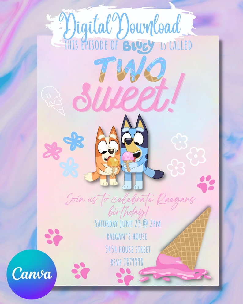 Bluey Two Sweet Invitation Canva Digital Download 2nd - Etsy