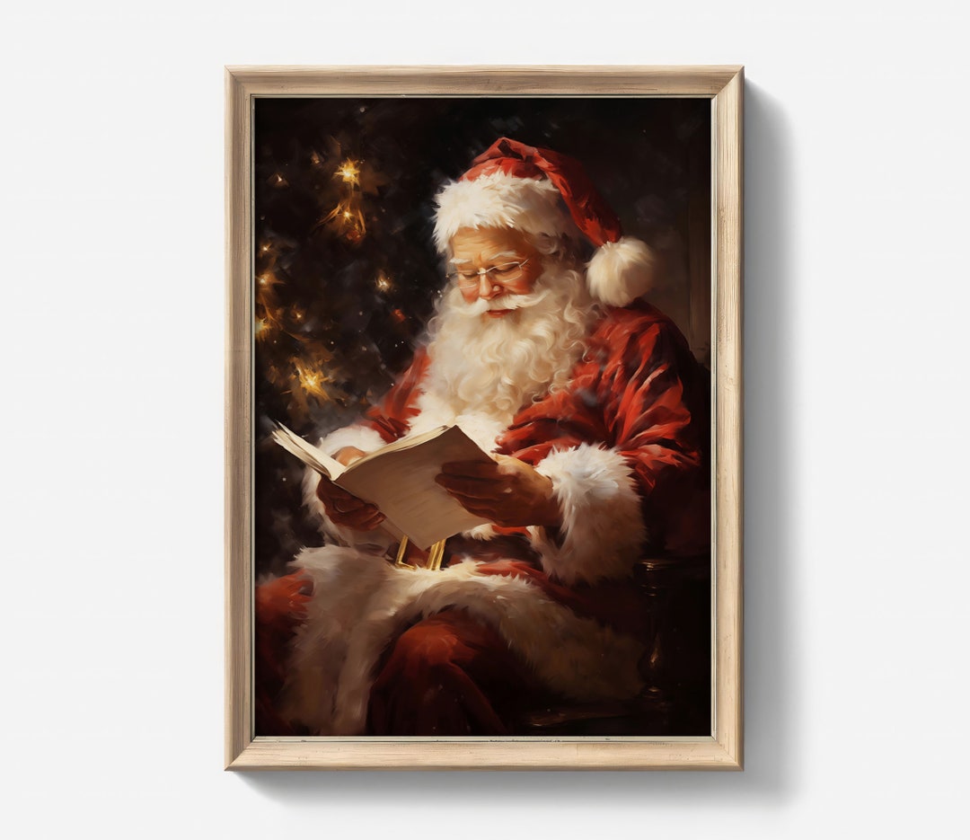 Christmas Wall Art Santa Reading Book Printable Christmas Oil Painting ...