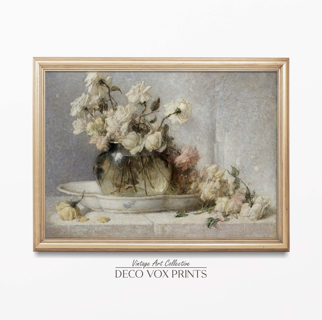 Neutral Roses Painting Vintage White Roses Art Vintage - Etsy