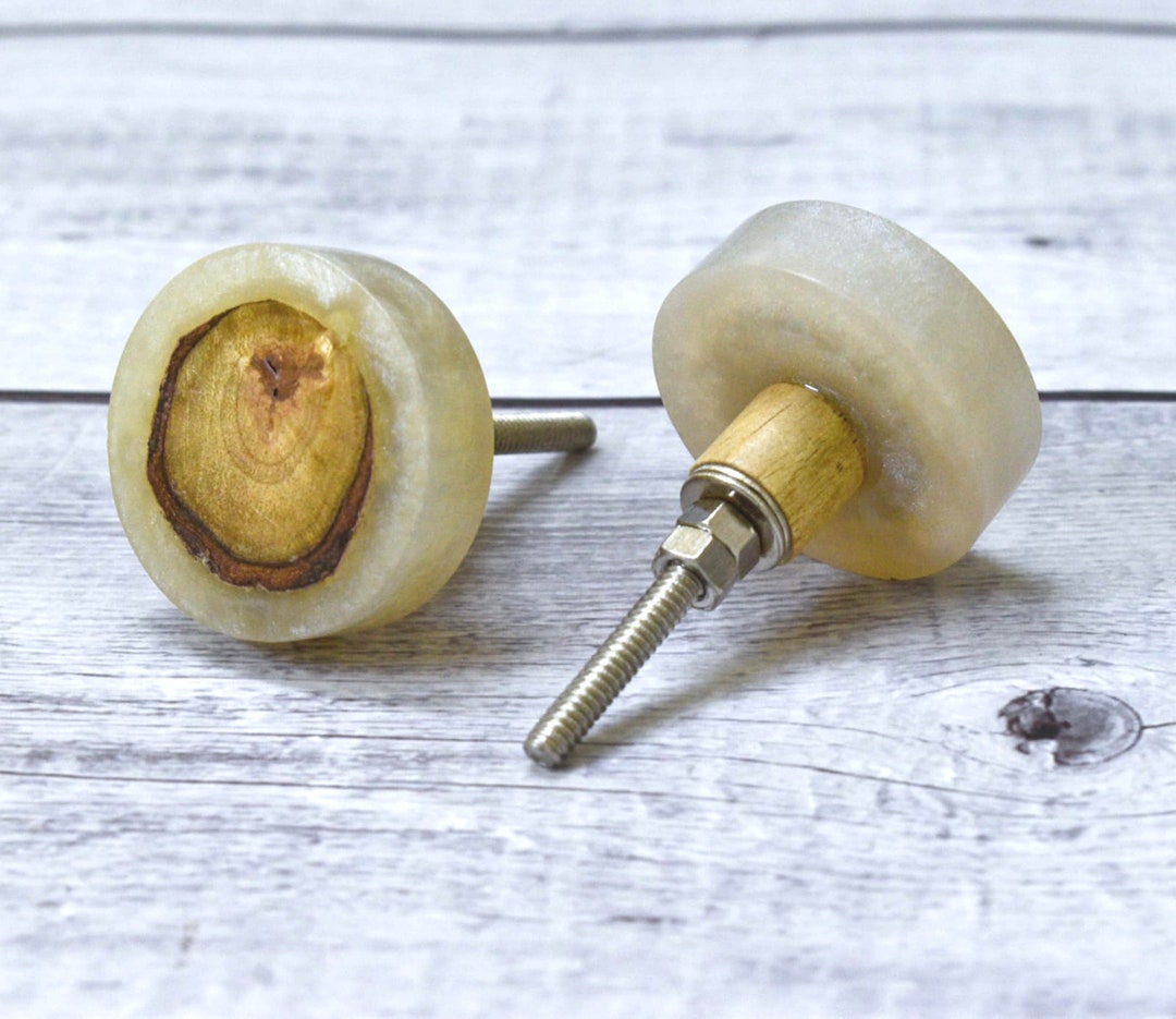 Round White Resin and Wood Knob, Wooden Cabinet Knob, Furniture Hardware,decorative Pulls ...