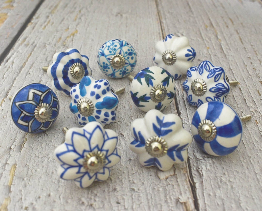 ARTISNO Blue Floral Ceramic Cabinet Drawer Pull /knobs Hand - Etsy