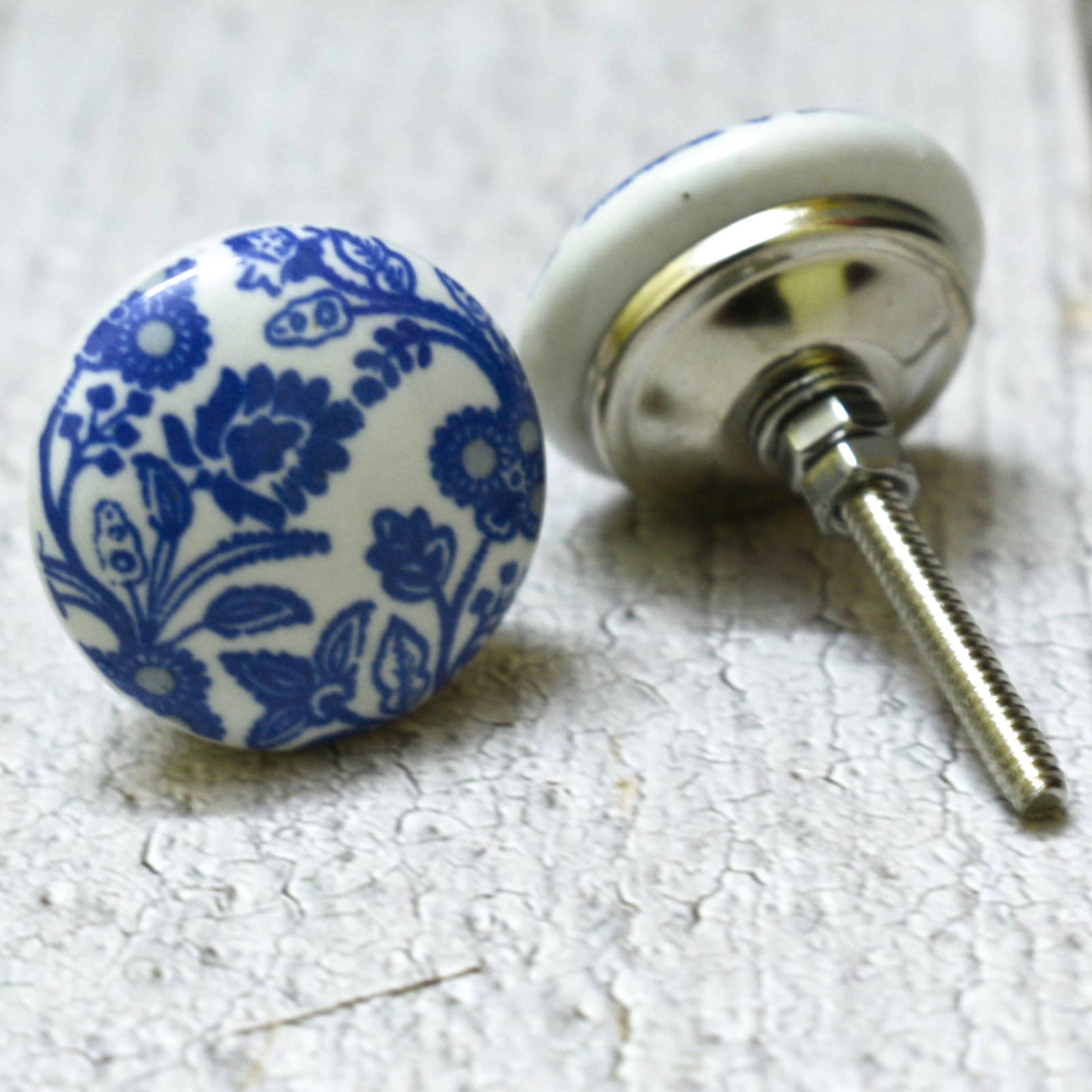 ARTISNO Blue Floral Ceramic Cabinet Drawer Pull /knobs Hand Painted /use for Cupboard and ...