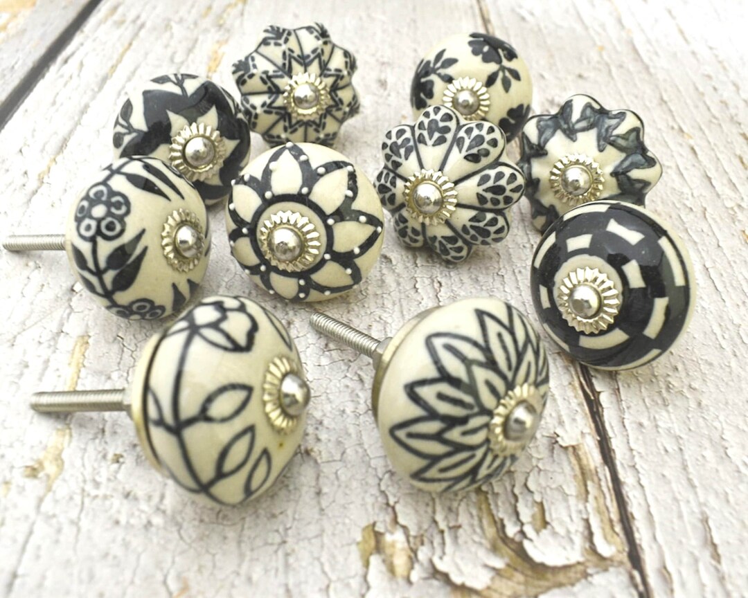 ARTISNO Black and White Ceramic Knobs Kitchen Cabinet Drawer Knobs Hardware Knobs Handmade Knobs ...