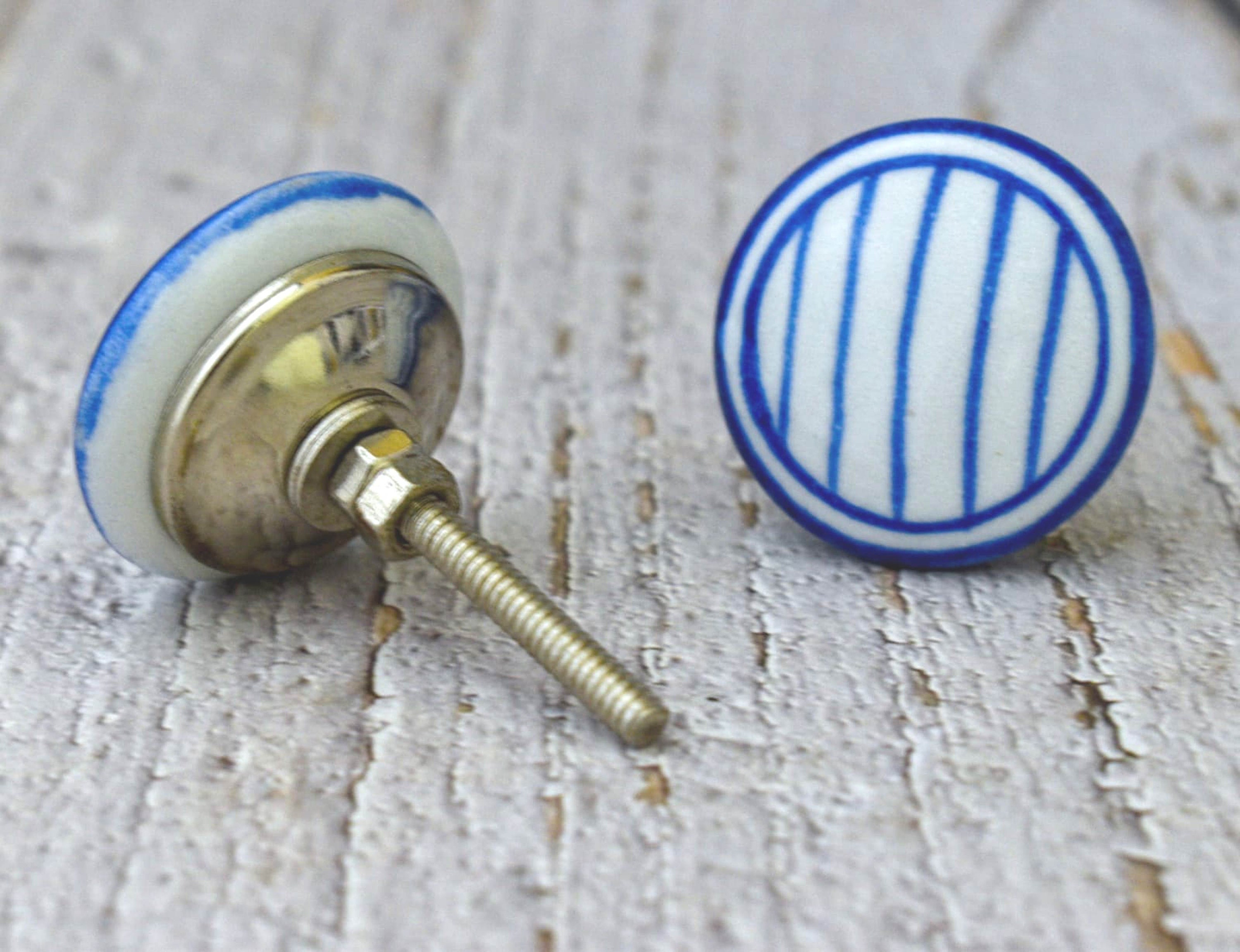 ARTISNO Blue Striped Ceramic Cabinet Drawer Pull /knobs Hand Painted ...