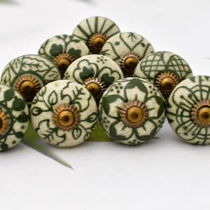 ARTISNO Green Floral Ceramic Cabinet Drawer Pull /knobs Hand Painted /use for Cupboard and ...