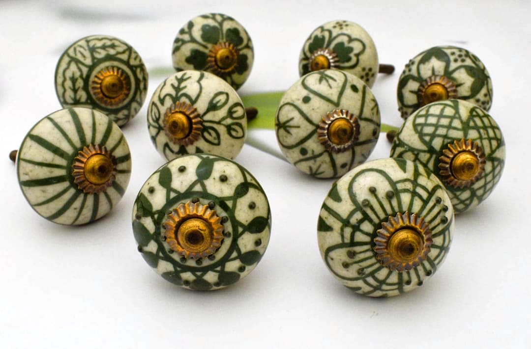 ARTISNO Green Floral Ceramic Cabinet Drawer Pull /knobs Hand Painted /use for Cupboard and ...
