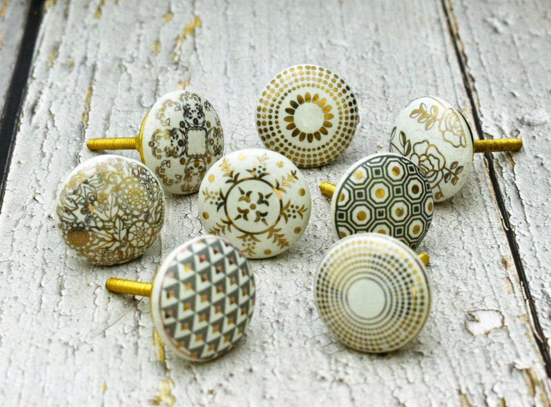 ARTISNO White and Gold Ceramic Cabinet Drawer Pull /knobs Hand Painted /use for Cupboard and ...