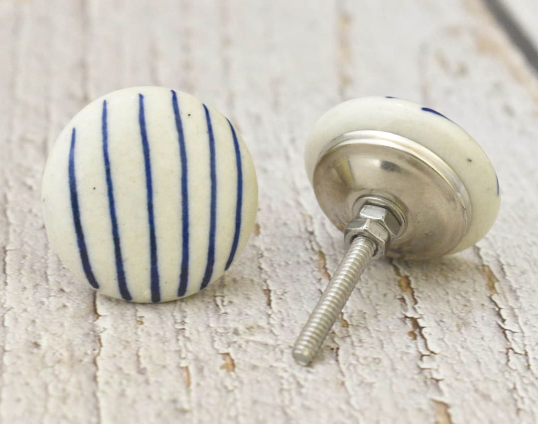 ARTISNO Blue Striped Ceramic Cabinet Drawer Pull /knobs Hand Painted /use for Cupboard and ...