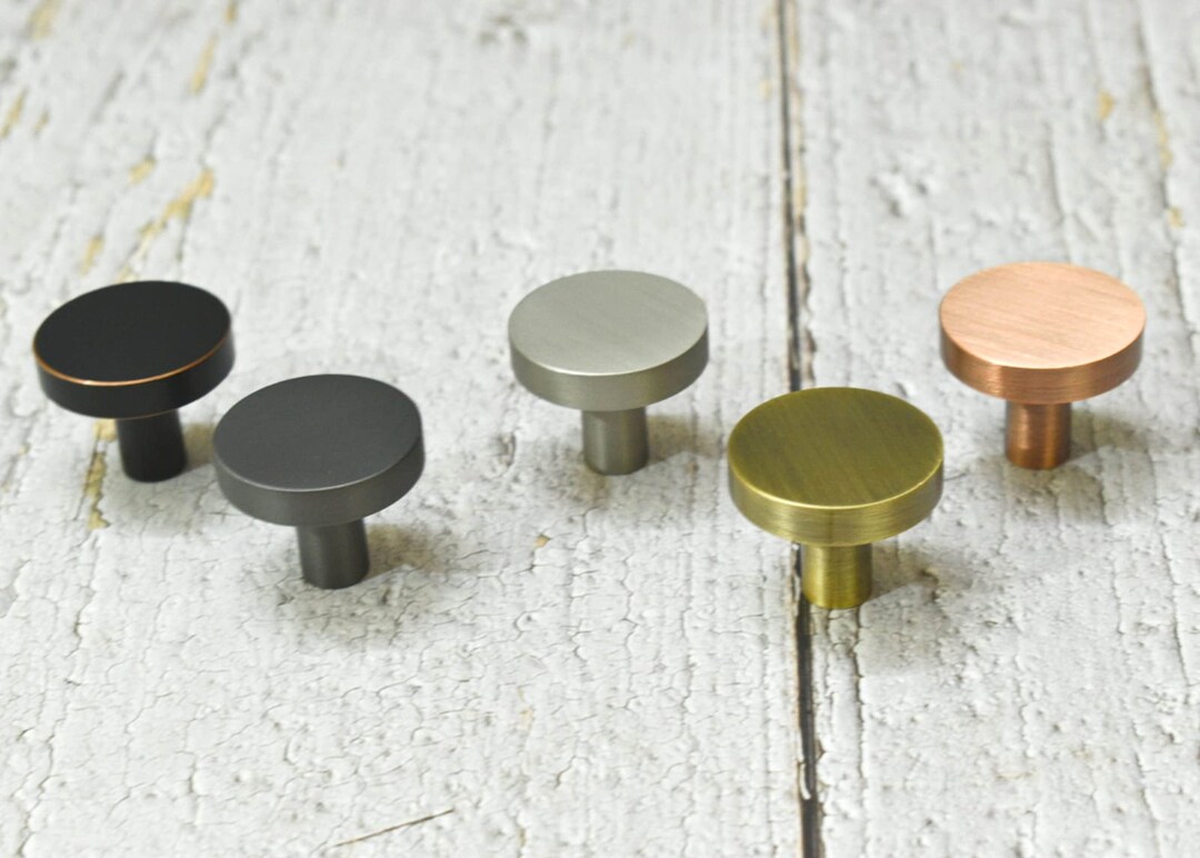 Solid Brass Round Flat Pulls Knobs, Single Hole Cupboard Handles ...