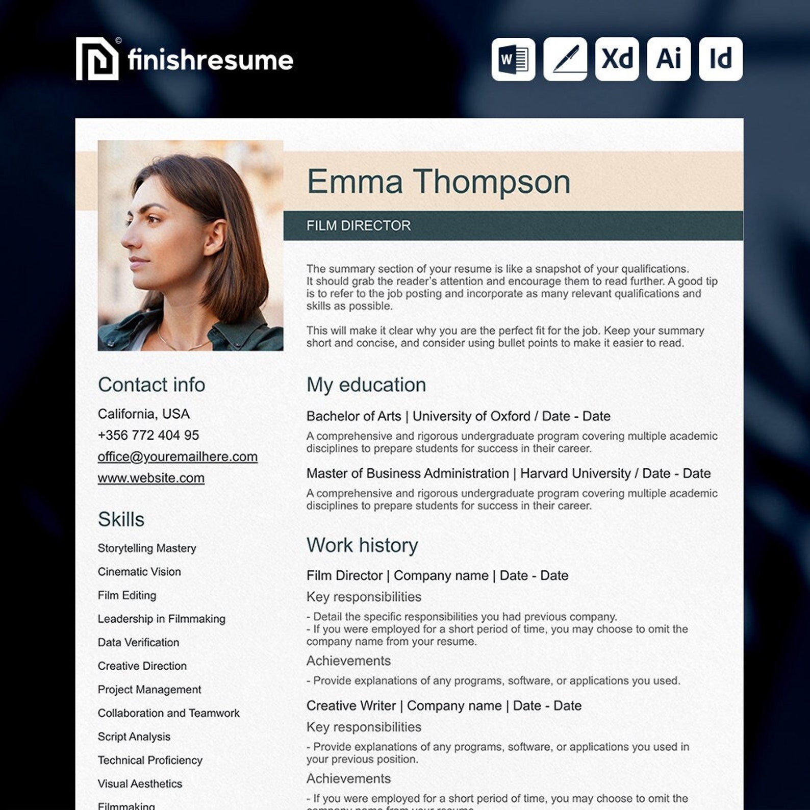 Film Director Resume Template for Microsoft Word, Apple Pages More ...