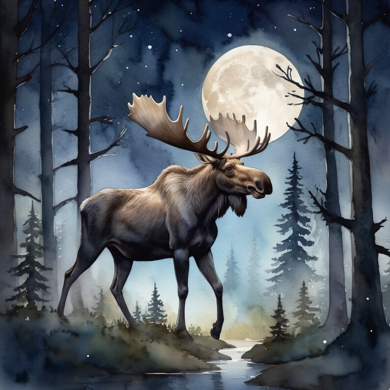 Moose in Forest Landscape Clipart Printable Watercolor Clipart High ...