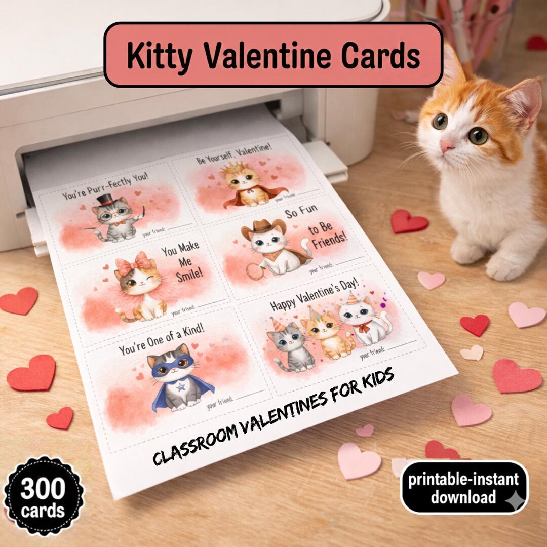 Cat Valentine Cards Printable — Kitty Classroom Valentines for Kids ...