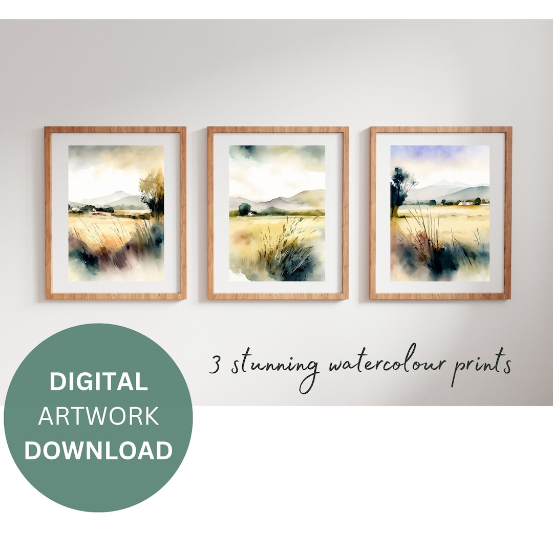 Homestead Countryside Landscape Watercolour X3 Triple Print Home Decor ...