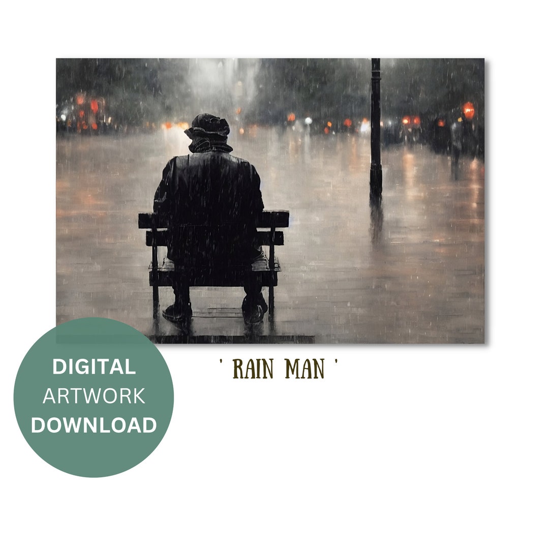 Rain Man in Solitude on Sidewalk Seat on a Rainy Wet City Street Home ...