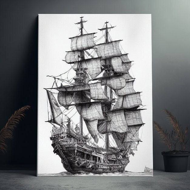 Ink Pirate Ship Poster, Pirates of the Caribbean Style Print, Wall Art ...