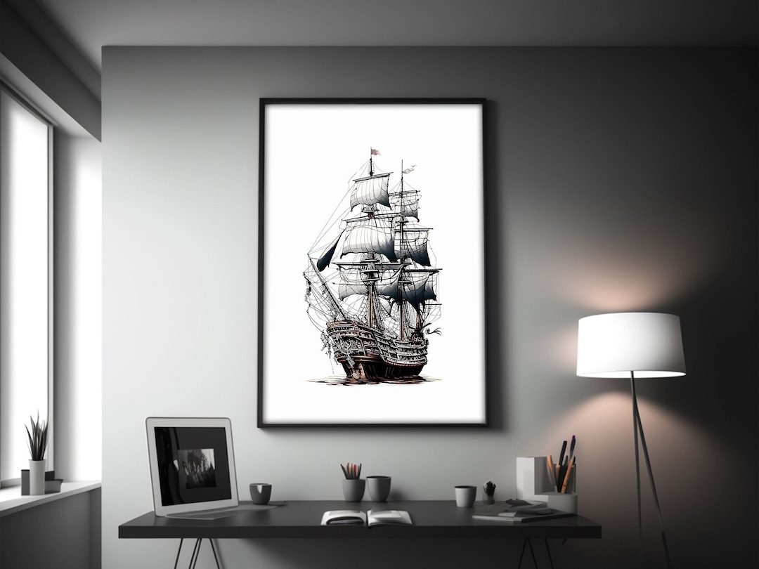Pirate Ship Line Art Print, Black Pearl Line Drawing Wall Art, Living ...
