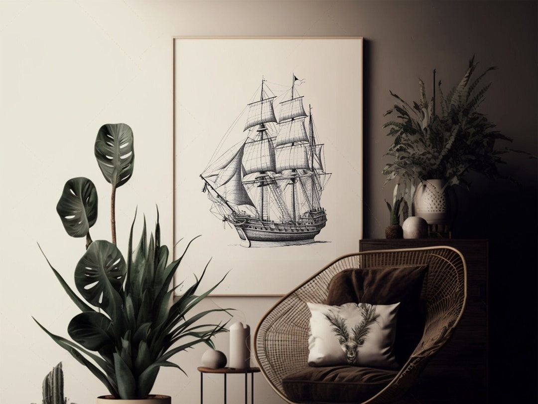 Pirate Ship Line Art Print, Black Pearl Line Drawing Wall Art, Living ...