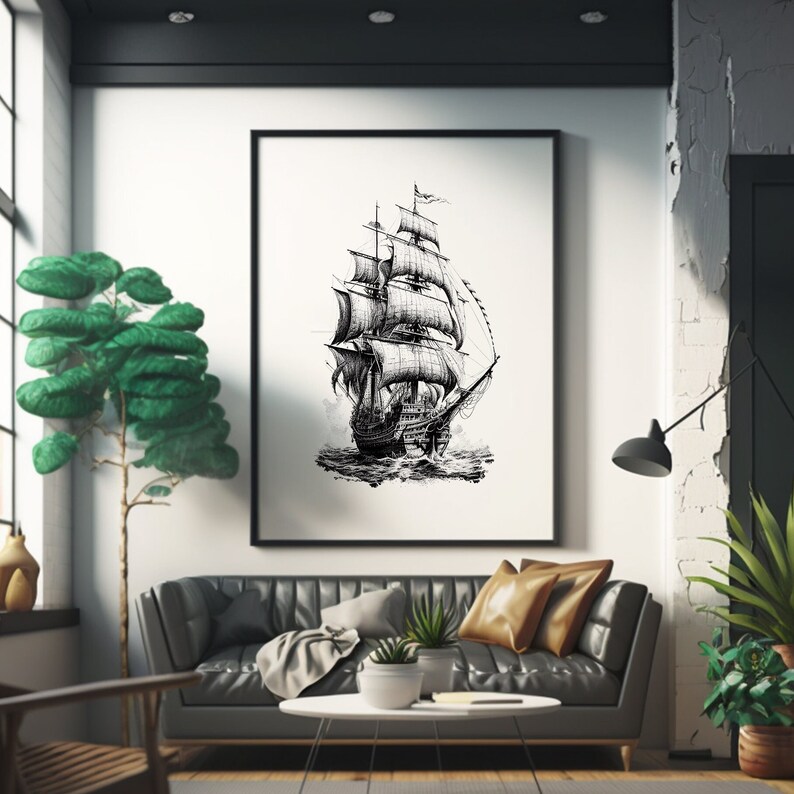 Pirate Ship Line Art Print Black Pearl Line Drawing Wall Art - Etsy