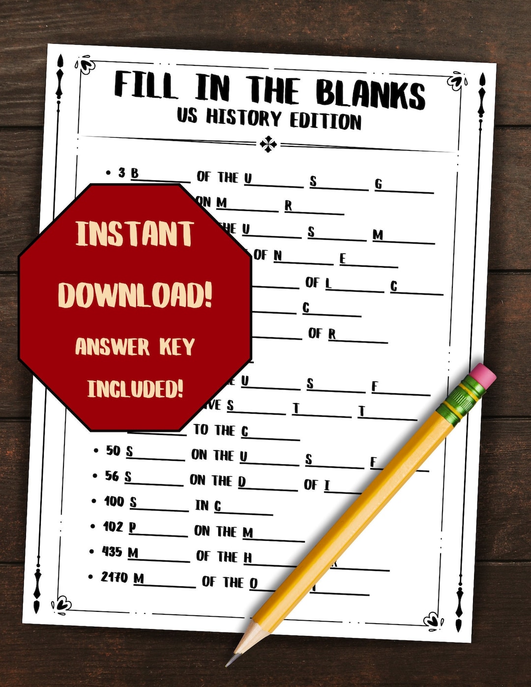 Fill in the Blanks Trivia - US History Facts Edition - Etsy