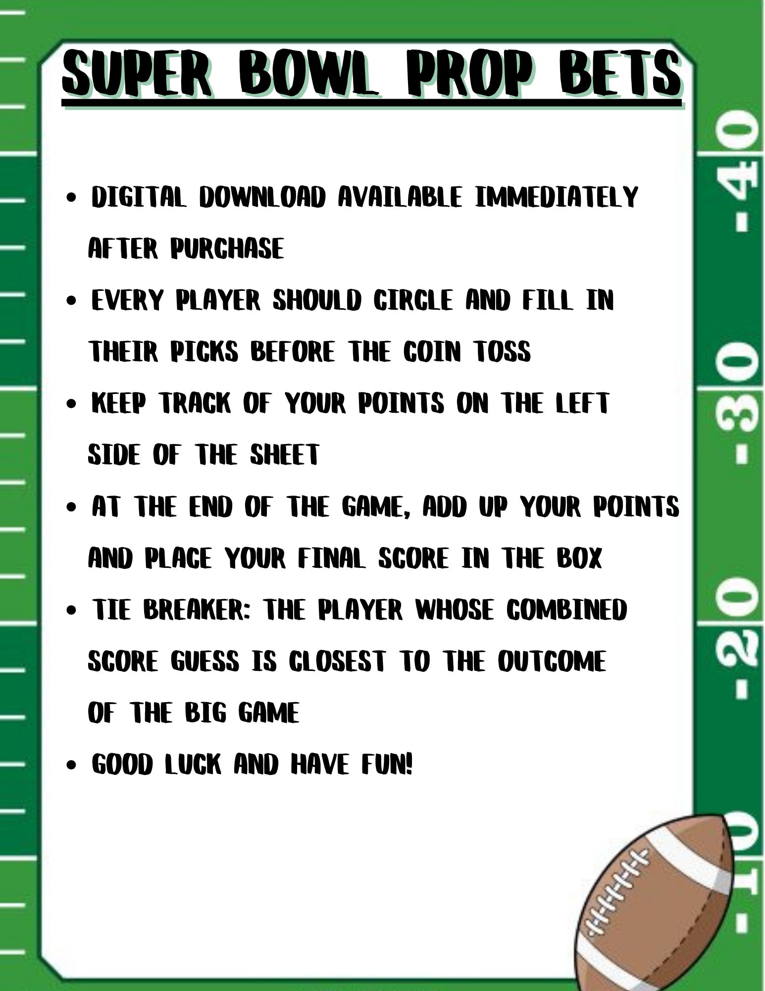 Super Bowl 2024 Downloadable Game Pack Bingo, Prop Bets, Superlatives ...