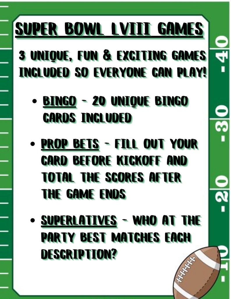 Super Bowl 2024 Downloadable Game Pack Bingo, Prop Bets, Superlatives ...