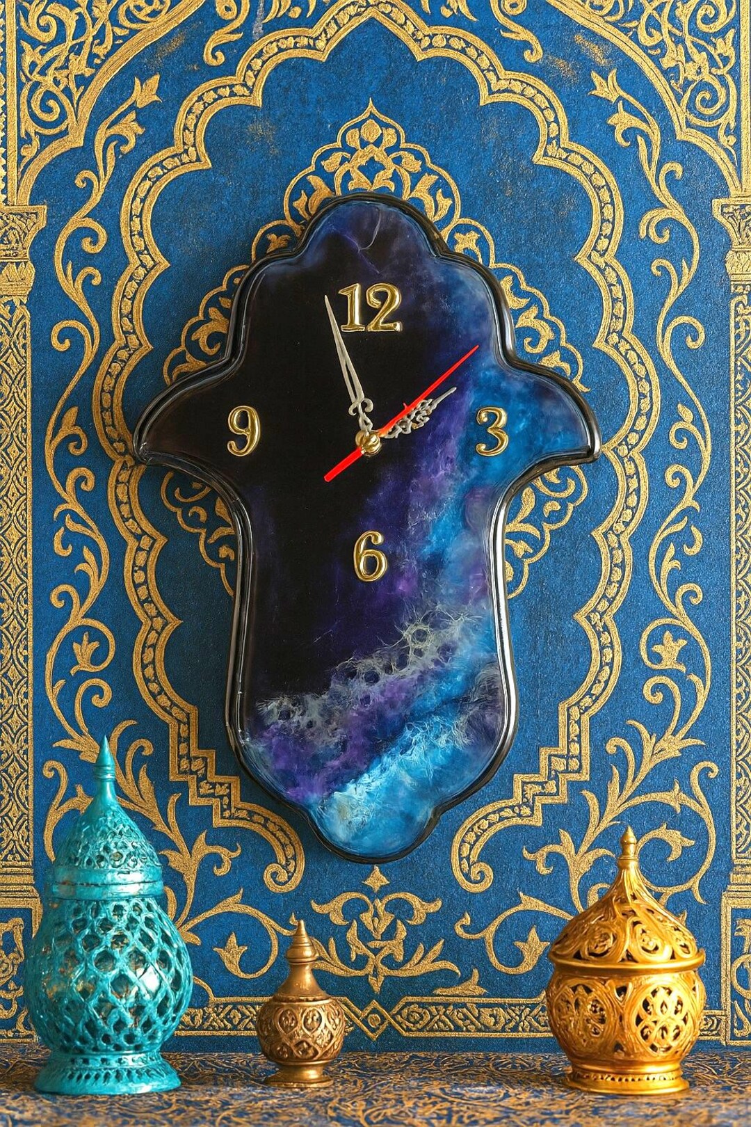Exclusive Wall Clock With Hamsa Amulets, Kabbalah Hand of Fatima, Resin ...